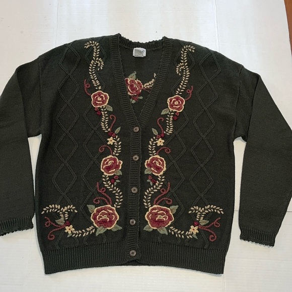 Koret | Sweaters | Vtgkoretxlolive Greenembroidered Wool Blend Floral ...